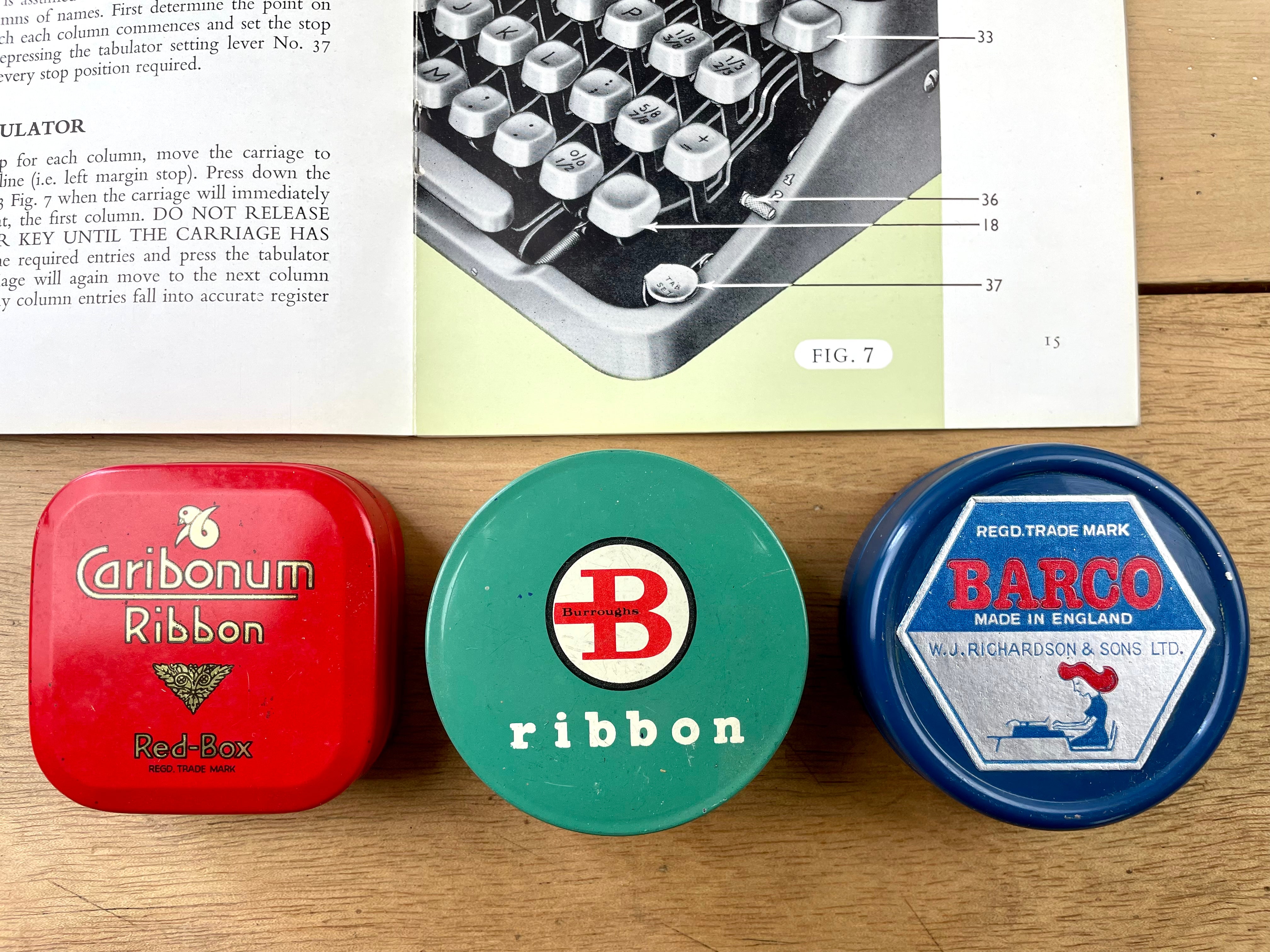 Set of 3 Vintage Typewriter Ribbon Tins - Caribonum, Burroughs and Bar ...